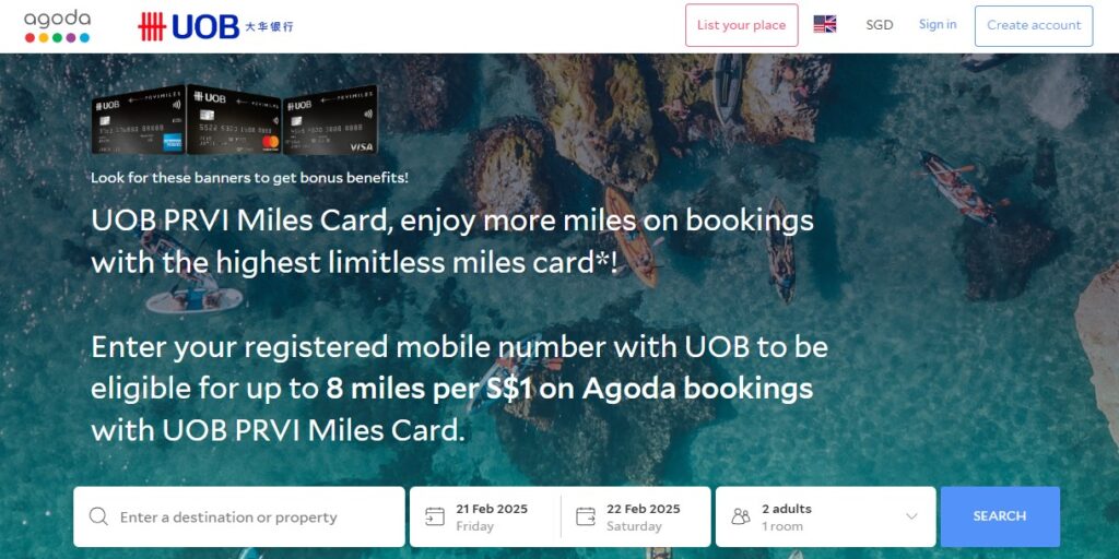 UOB PRVI Miles Card offering up to 8 mpd on Agoda hotel bookings - The MileLion