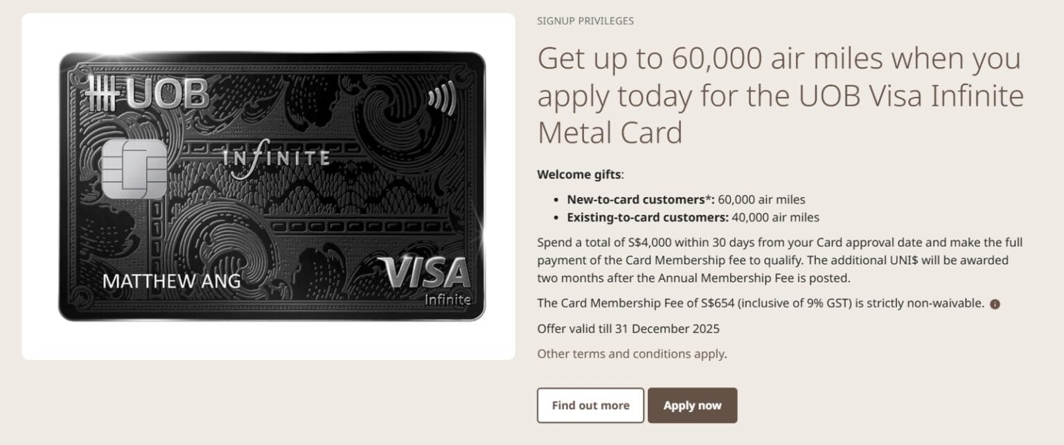 UOB Visa Infinite Metal Card cuts welcome offer to 60,000 miles - The ...